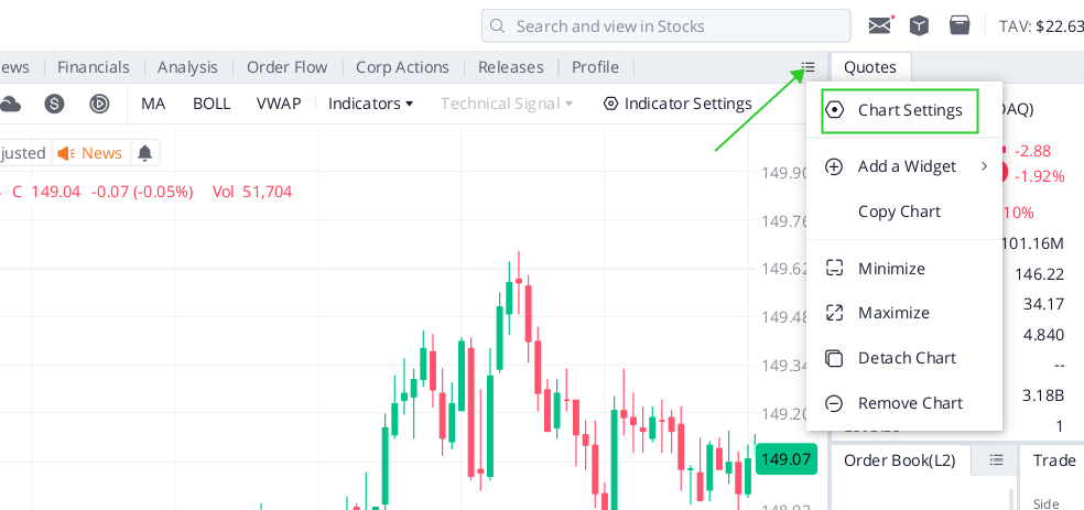 How can I show positions and open orders on my chart? - Webull