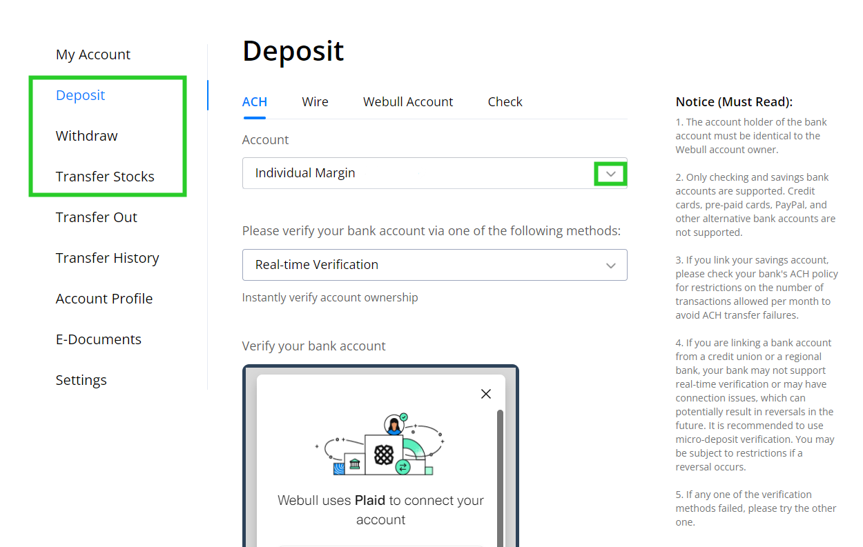 Can I make a deposit, withdrawal, or transfer on the Webull website ...